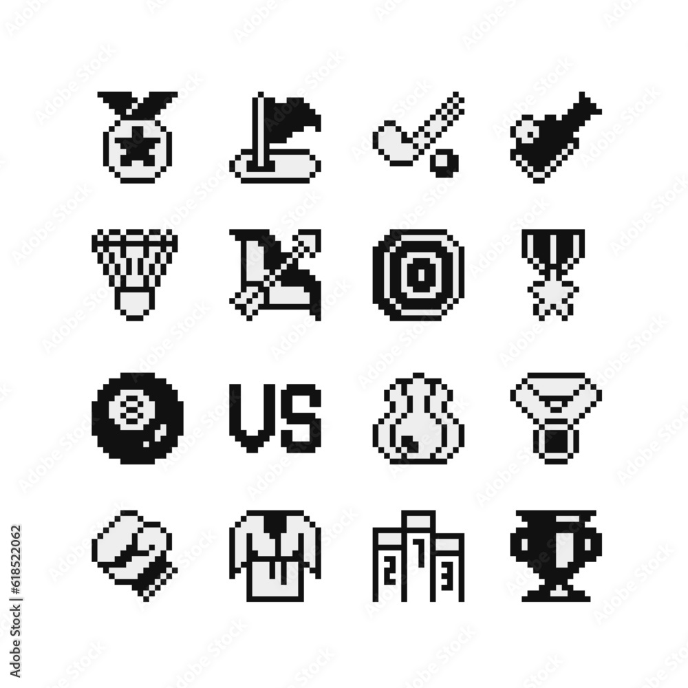 Sport icons set pixel art style, emoji. Achievement logo. 1-bit sprite ...