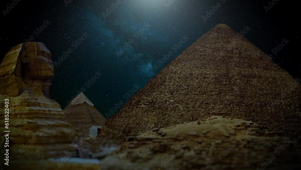Ancient Egyptian Ruins, Sphinx and Pyramids. Time Lapse Milky Way. Tilt ...