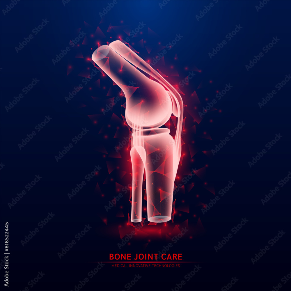 Human bone joint red translucent low poly triangles on dark blue ...
