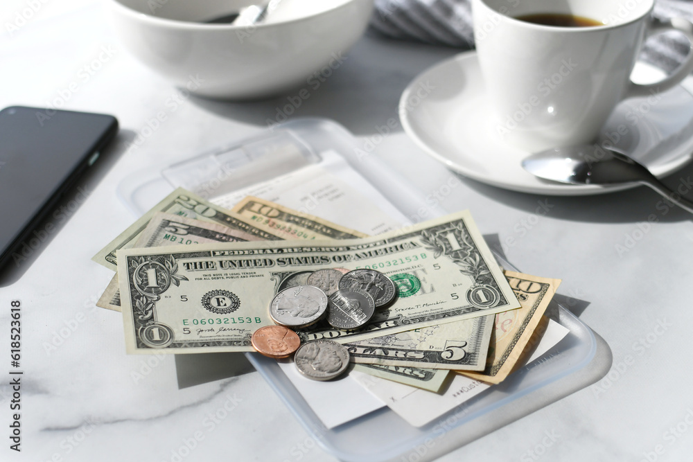 Paying for your bill tab at a restaurant cafe with cash money. Stock ...