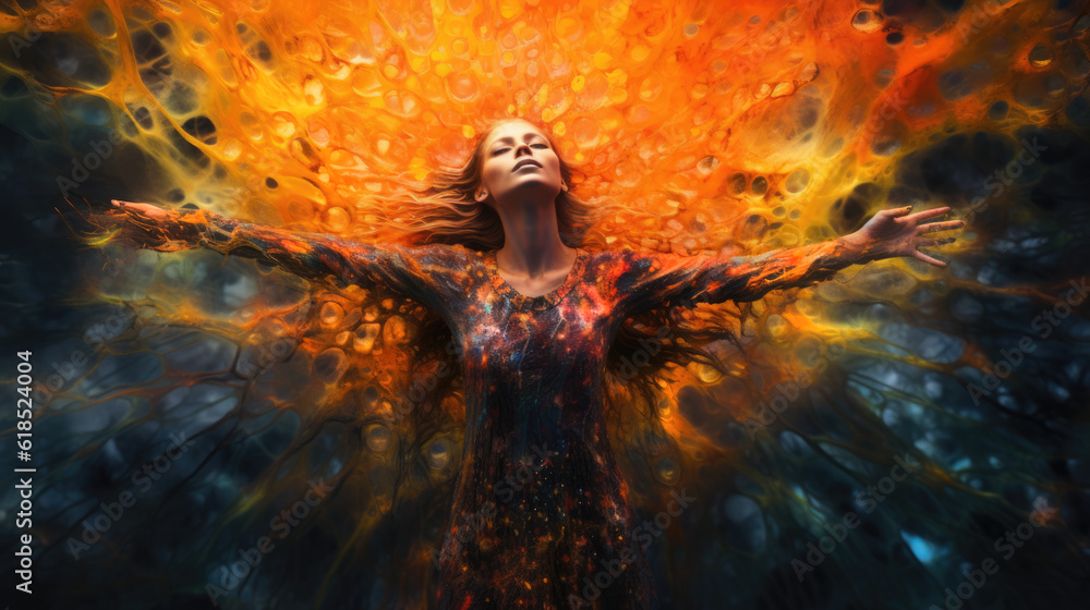 portrait of a woman with golden spiritual energy connecting to the ...