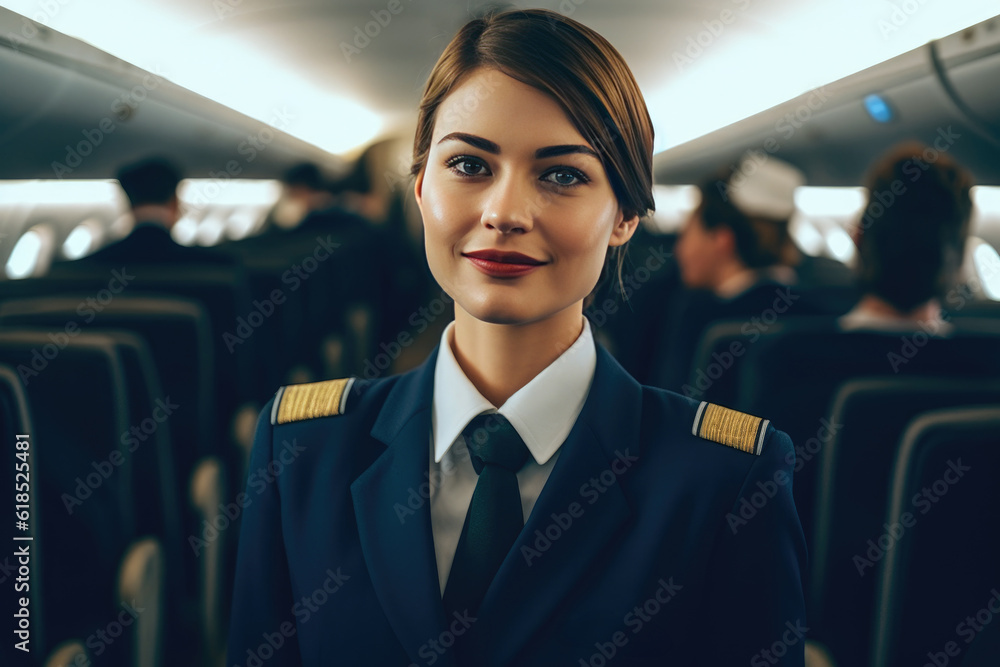 Beautiful female stewardess at work on the airplane, generative AI ...