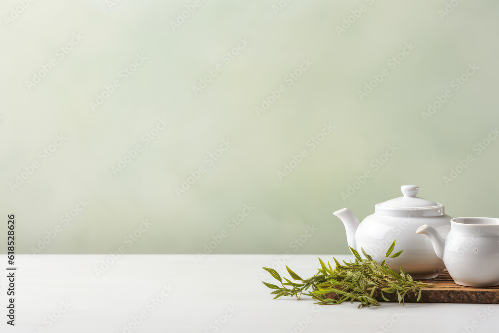Asian tea utensils for the traditional tea ceremony. Green tea leaves ...