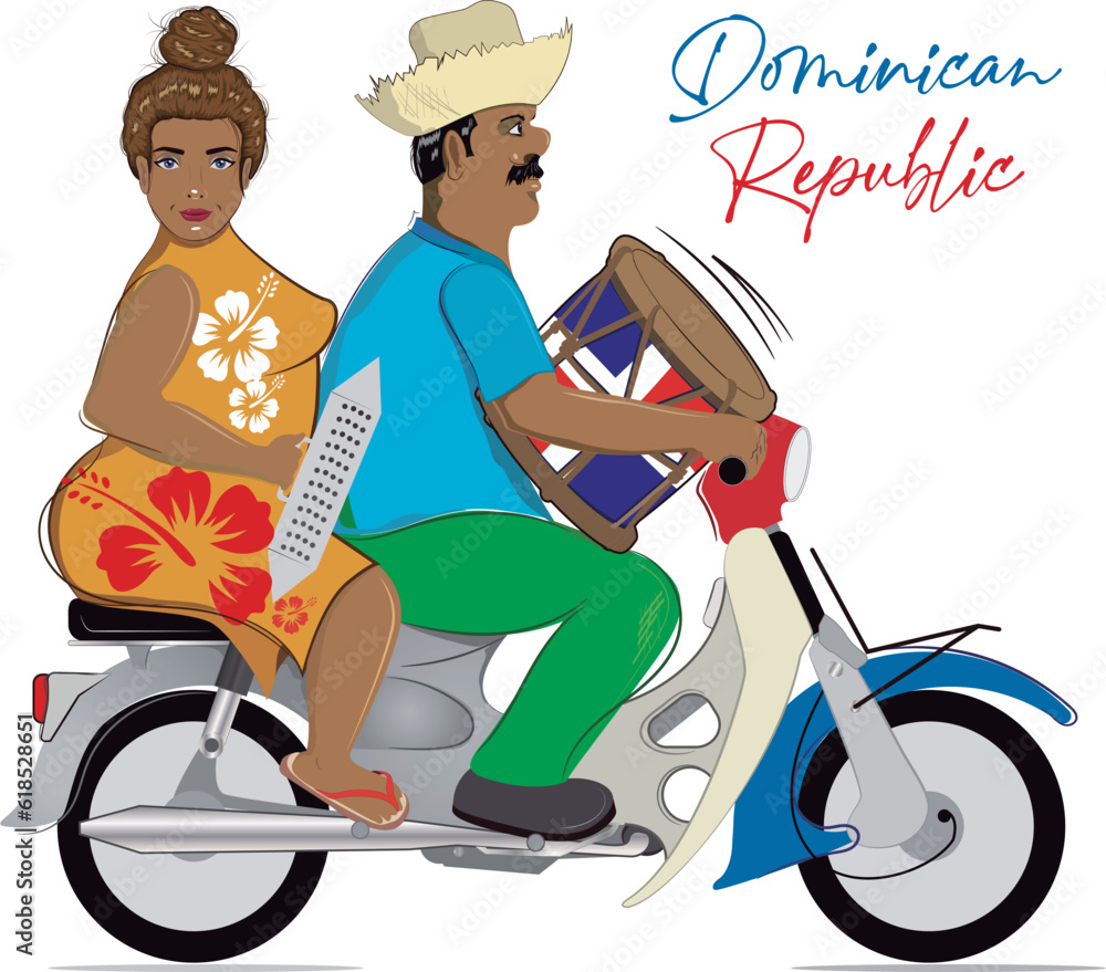 Motoconcho con mujer, guira y tambora en República Dominicana vector de ...
