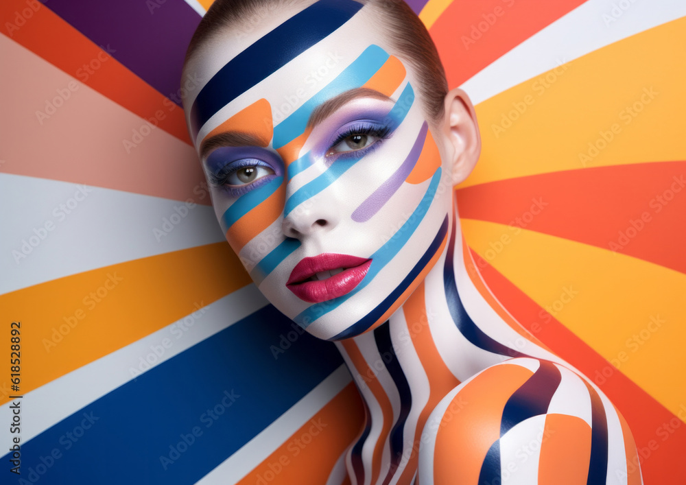 Beautiful girl with body art in the form of colorful stripes and lines ...