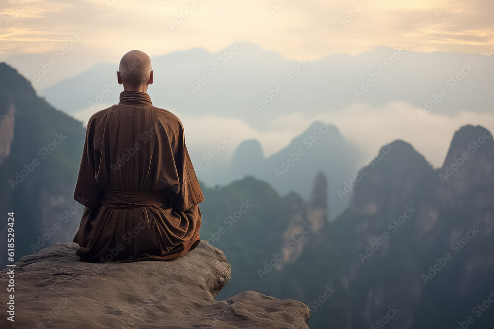 Buddhist monk in meditation on a beautiful sunset background on a high ...
