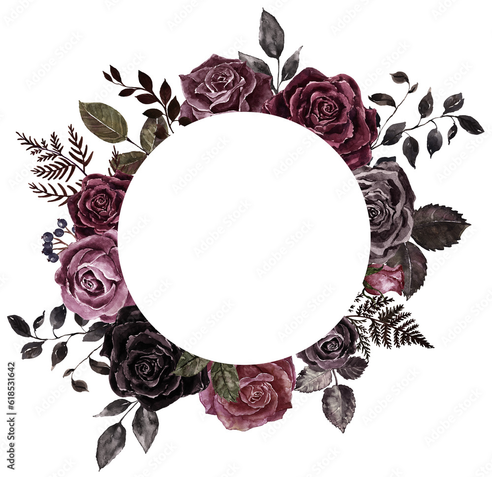 Victorian gothic style circle frame made of dark watercolor roses and ...