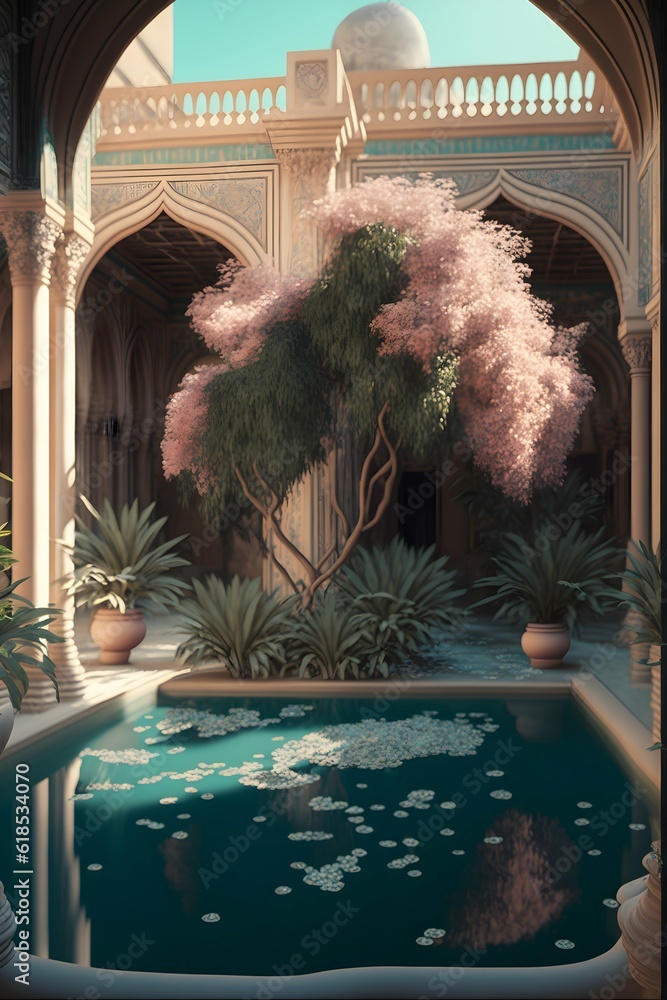 hyperdetailed persian courtyard cyberpunk pastel colors clear sky ...