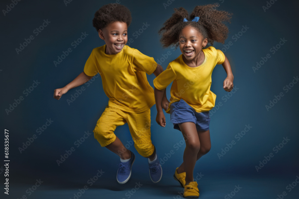 African american seven years boy and girl in yellow t-shirts running ...