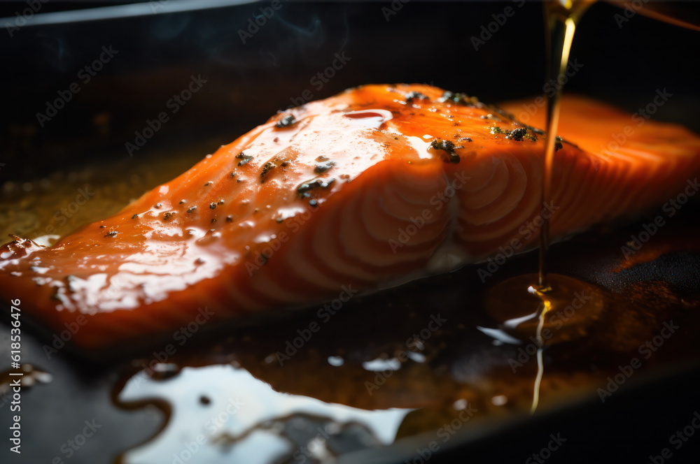 Salmon steak cooking process. Hot salmon steak sprinkled with spices ...