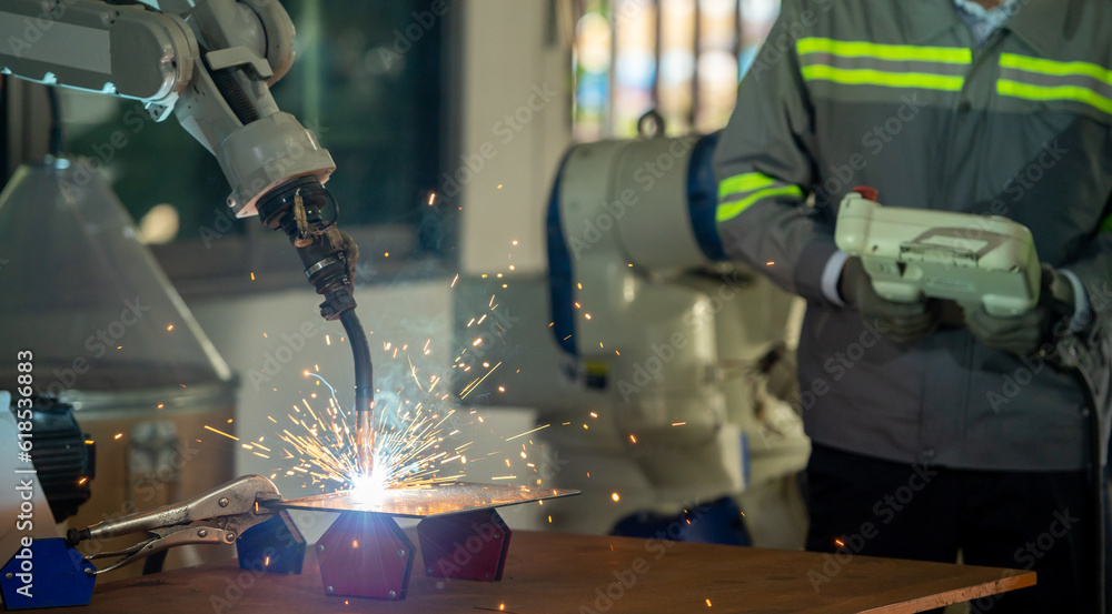Engineer control robot arm machine welding steel, worker using forcing welding control screen ...