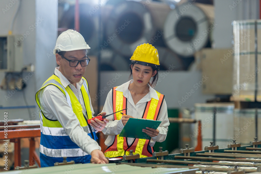 Foto de Factory apprenticeship. Man mentor teaching Female employees ...