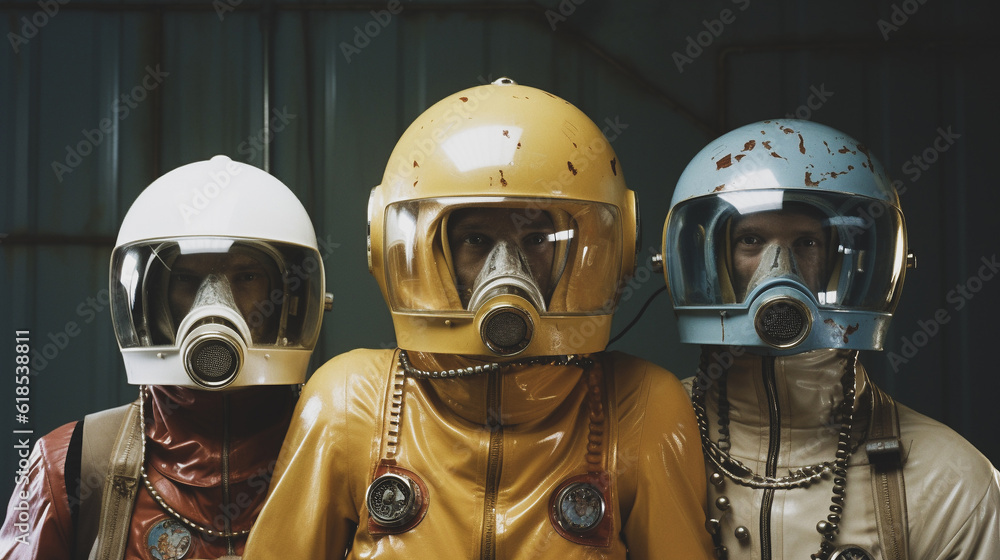 Group of three science fiction actors on set of a cheesy television ...