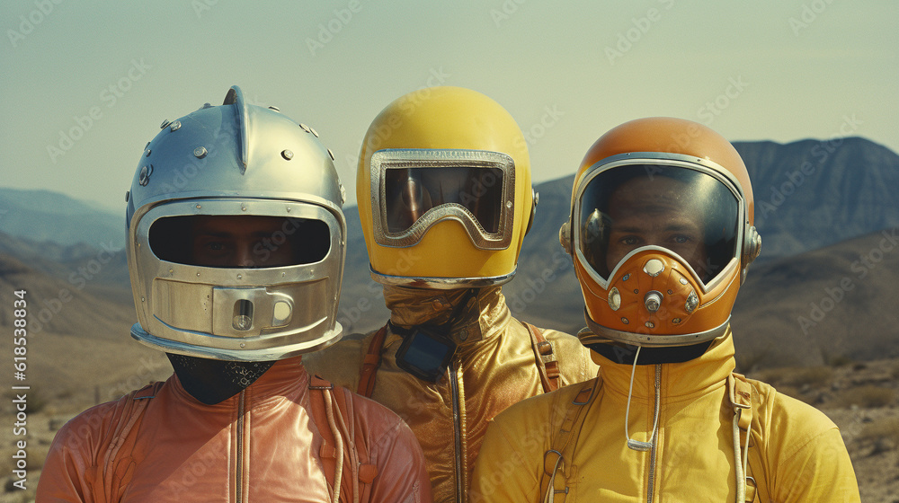 Group of three science fiction actors on set of a cheesy television ...