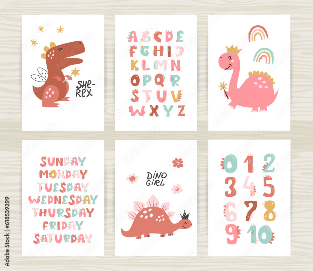 Set of posters with cute dinosaurs, numbers and alphabet dinosaurs ...