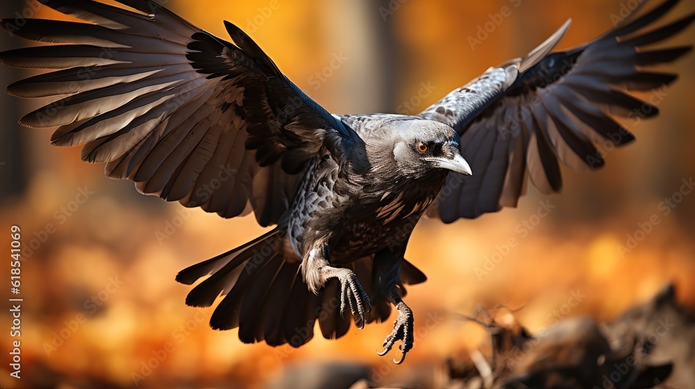 Common raven, Flying in autumn nature background, Dark feathered animal ...