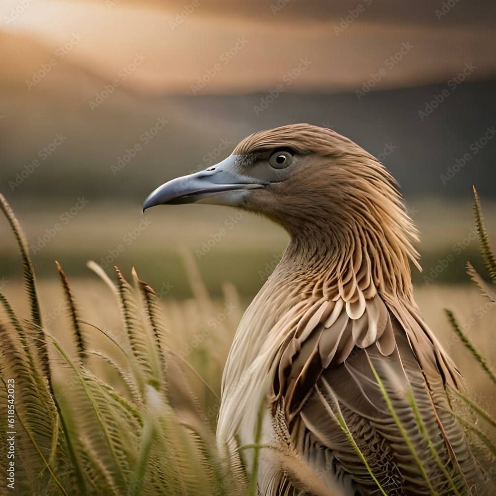 A magnificent Greater Rhea bird standing tall on the grassy terrain. It ...