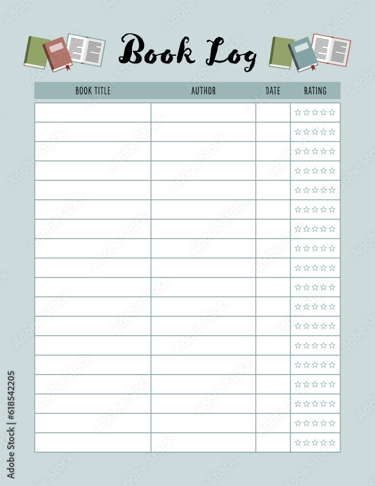 Book log printable page. Template for listing and reviewing books ...