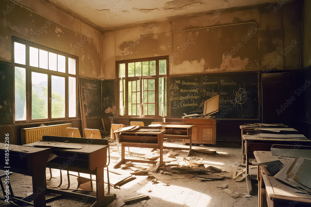 Destroyed school after terrorist attack with old empty school corridors ...
