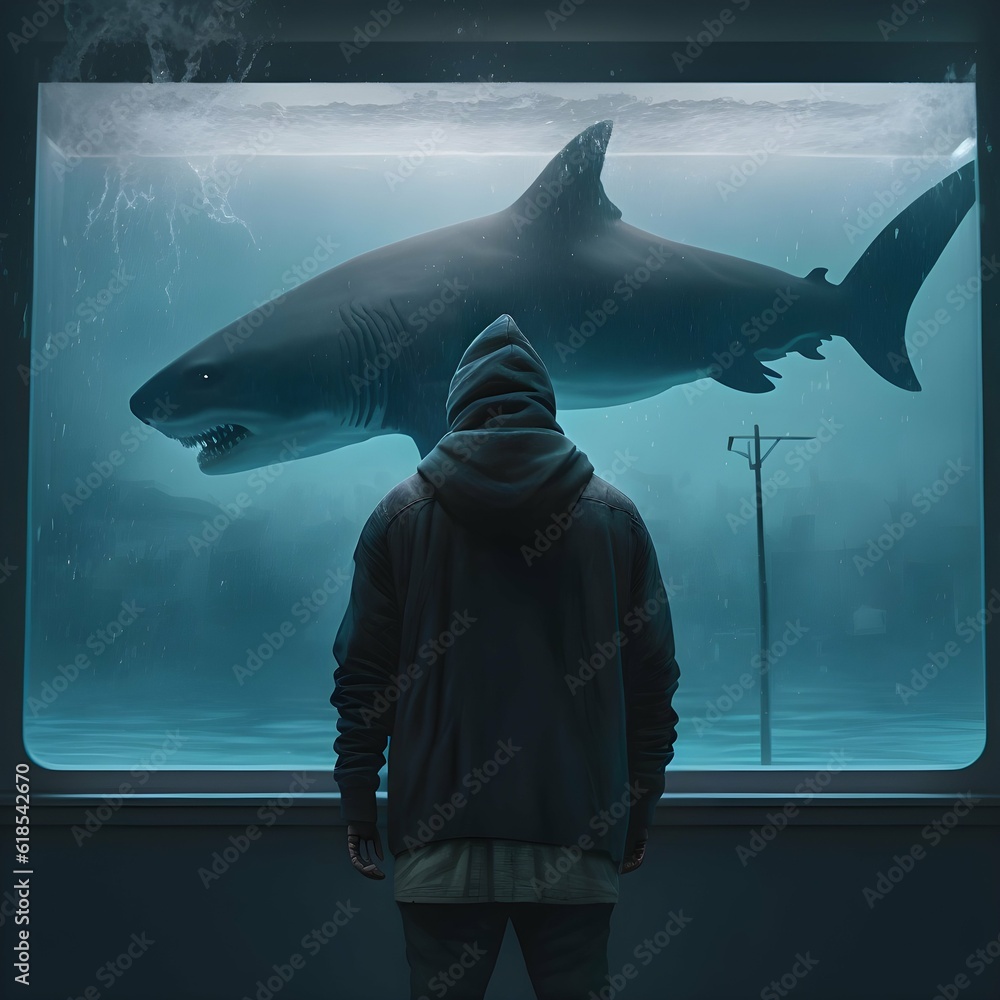 man in black hood back shot looking into an aquarium giant shark ...
