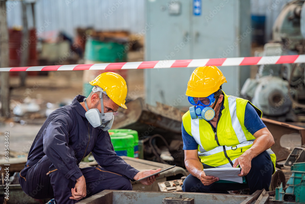 Male inspector team investigate danger chemical gas leak spill with ...