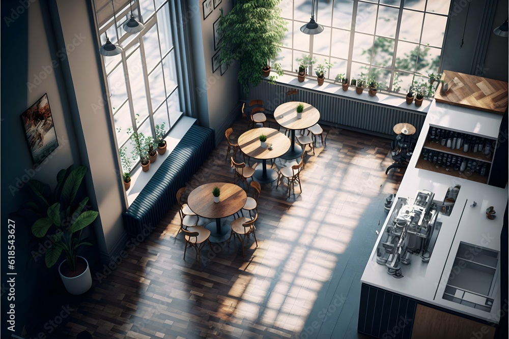 modern coffee shop interior design white wooden floor high ceilings ...