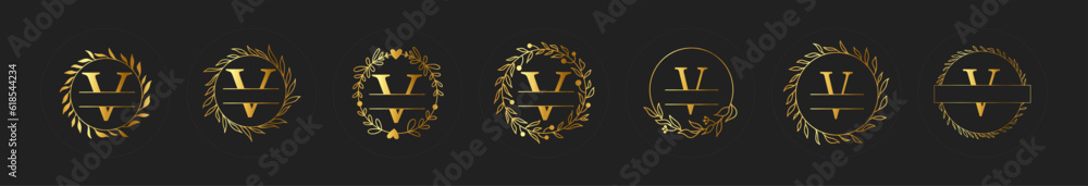 Collection of Letter "V" Initials with Round Floral Frames, Vector ...