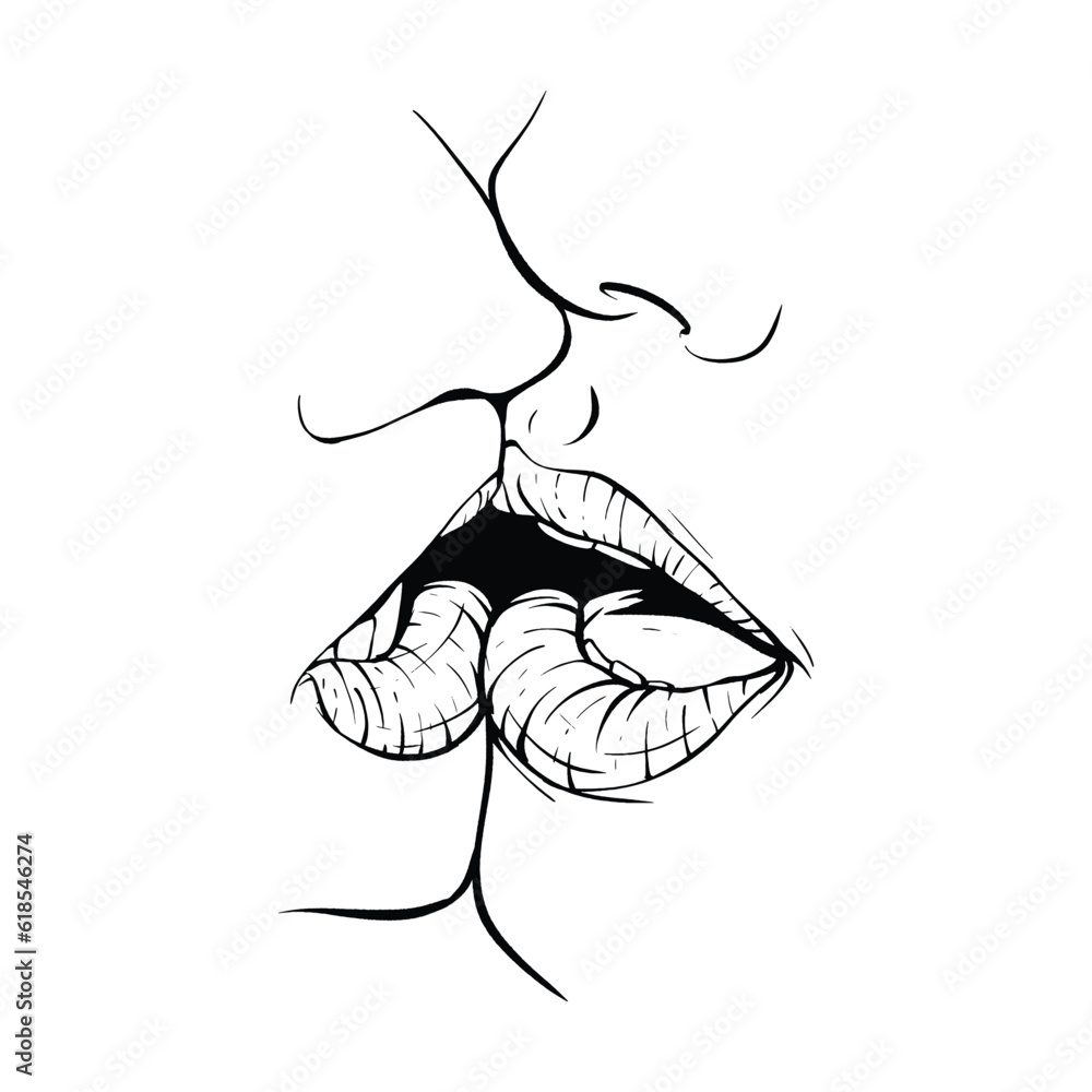 couple kissing lips sketch vector illustration line art Stock Vector | Adobe Stock