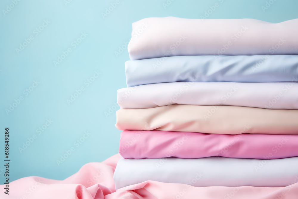 Stack of fresh, clean linens in a pastel palette of colors. Textile ...