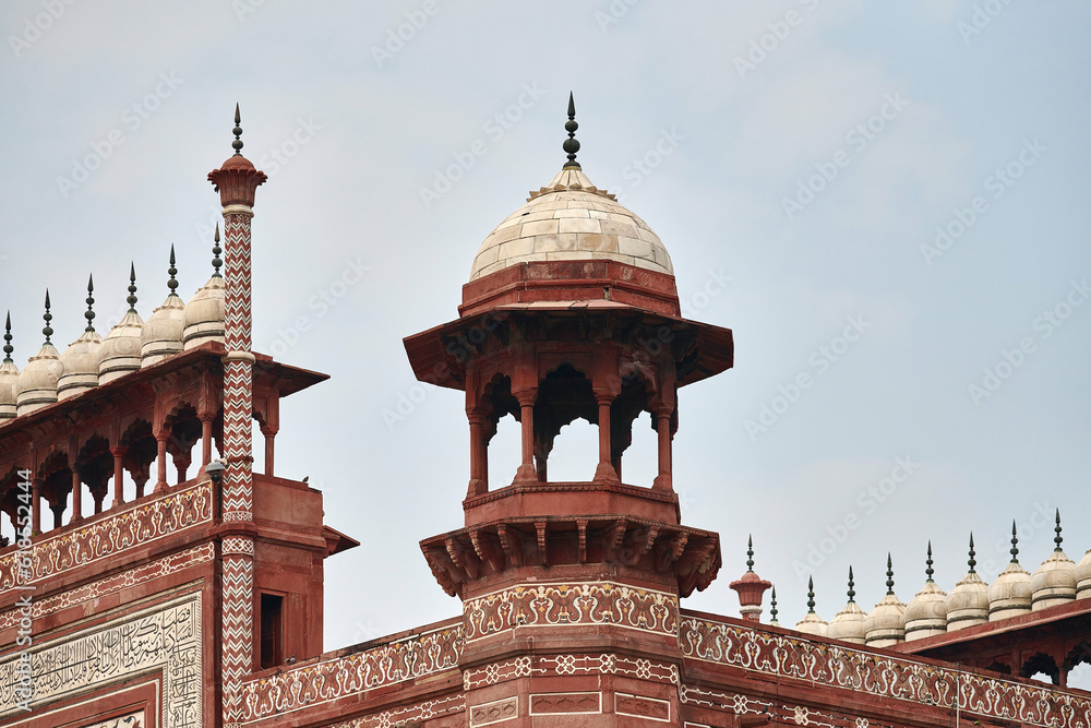 Taj Mahal entrance gateway close up view with Chhatri dome shaped ...