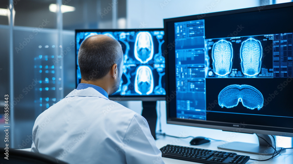 A radiologist examining a digital image of a patient's body scan on a ...