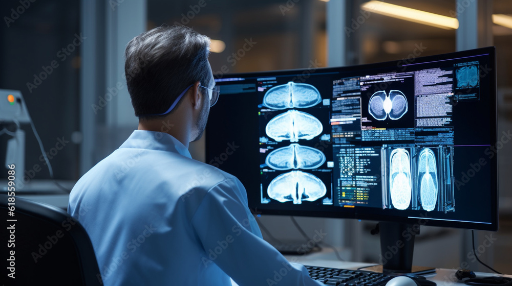 A radiologist examining a digital image of a patient's body scan on a ...