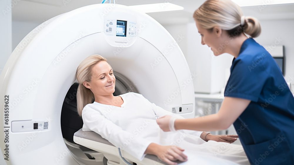 A nuclear medicine technologist preparing a patient for a PET/CT scan ...