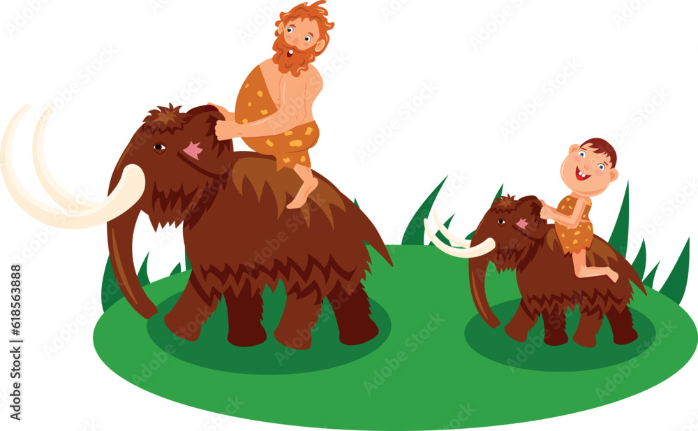 Stone Age family. Vector prehistoric man and child, caveman and cave ...