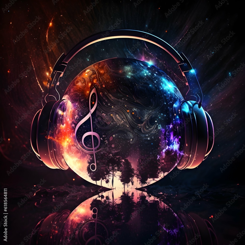 music planet with laser lights music notes headphones and cool effects ...
