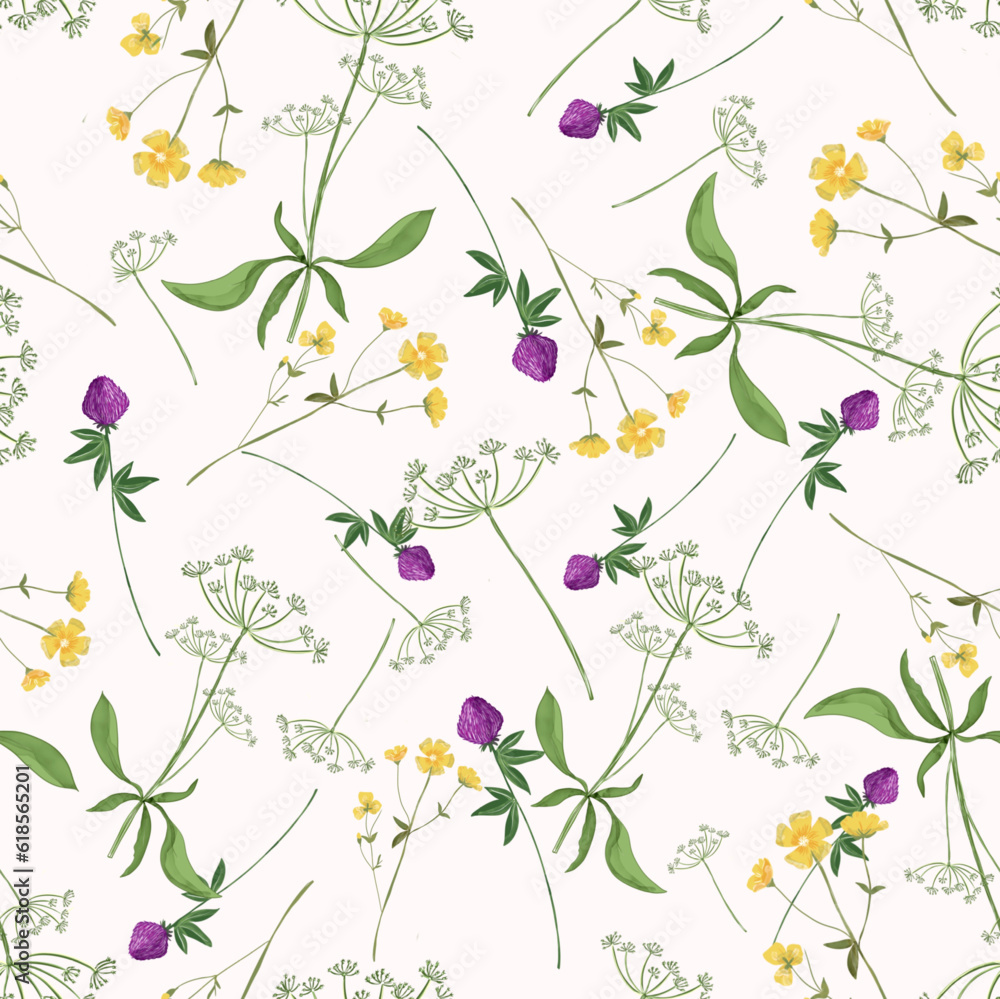 Trendy seamless floral textile print. Aerial flora pattern. Botanical ...