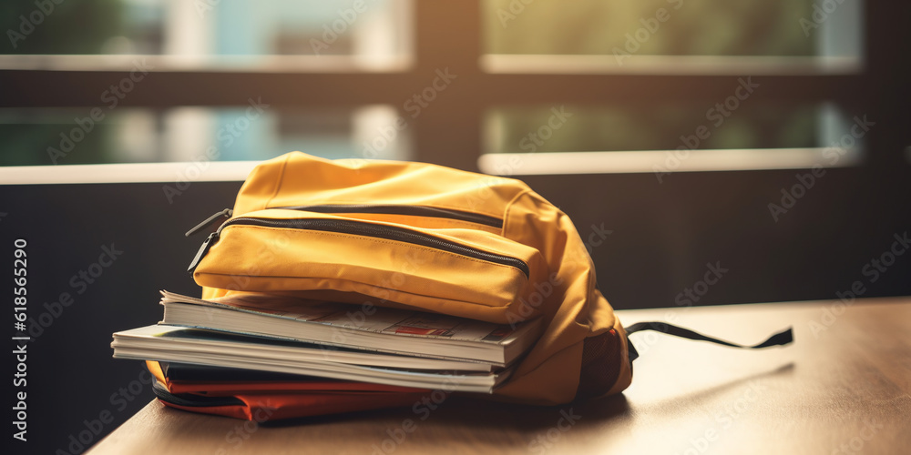 Generative AI, school backpack with books, textbooks on the background ...