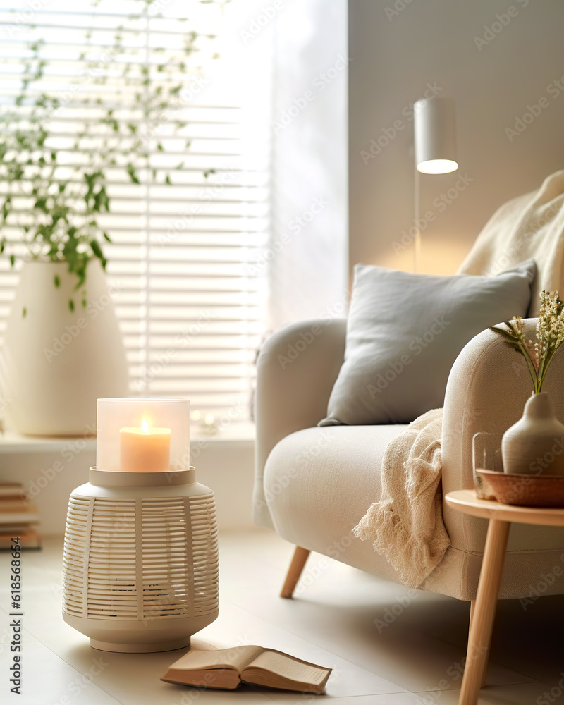 Stylish and cozy reading nook. Fabric armchair near table with candle ...