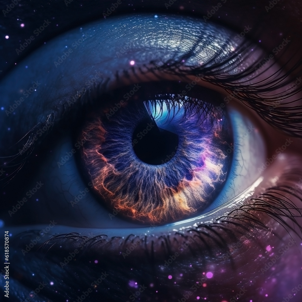 Realistic human eye with reflection of galaxy illustration. Ai ...