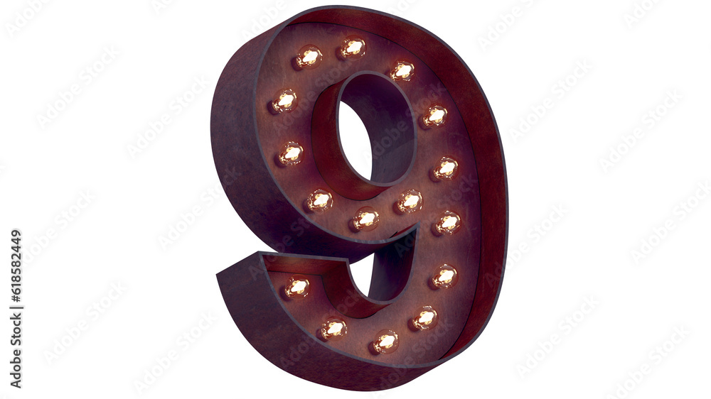 Light bulb glowing digit alphabet character 9 four font. Perspective ...