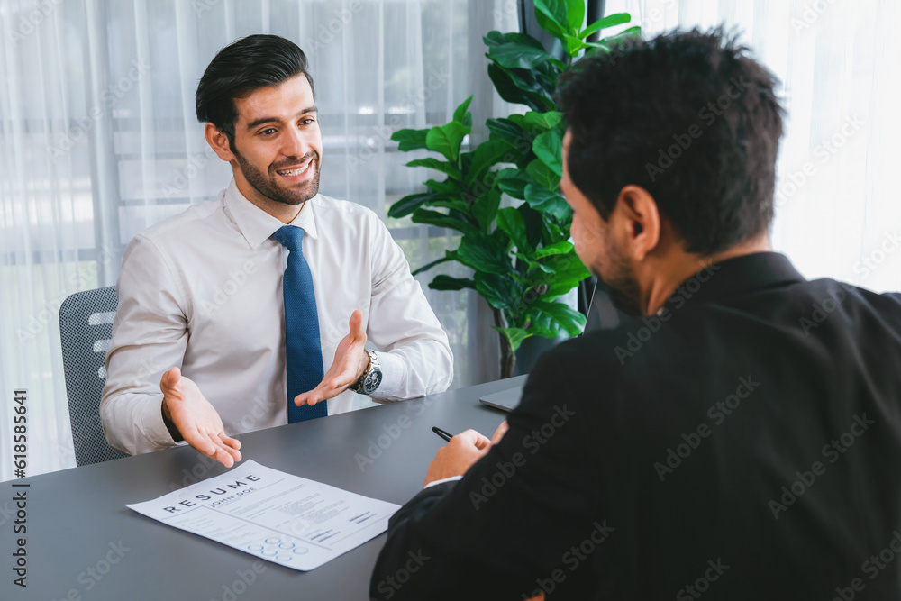 Interviewing job applicant in office with resume paper. Candidate wear ...