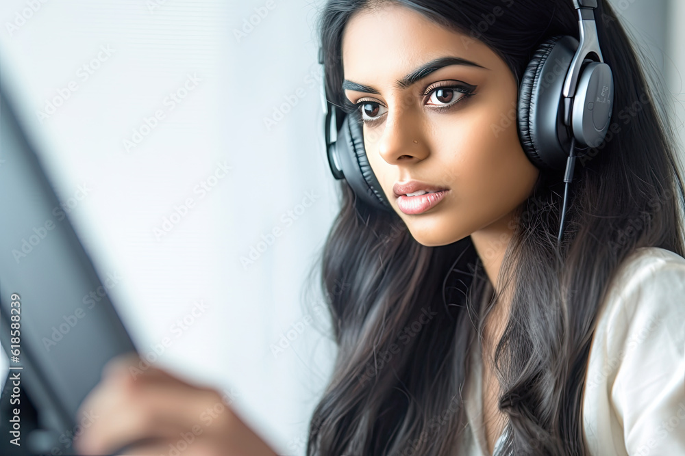 Female Indian customer support operator with headset and smiling ...