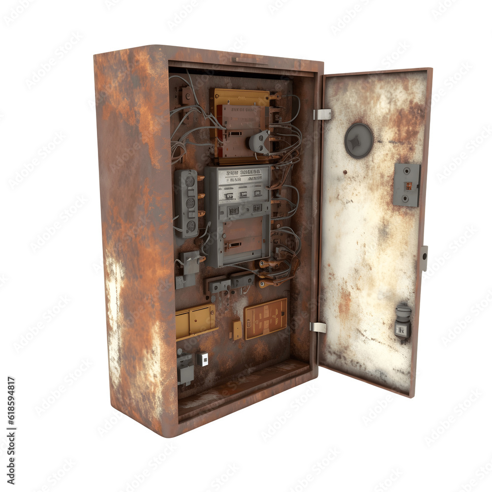 open Rusty electric meter box on transparent background white ...