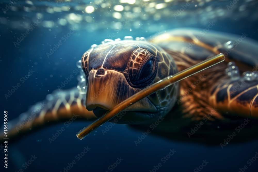A powerful underwater shot of a plastic straw lodged in the nostril of ...