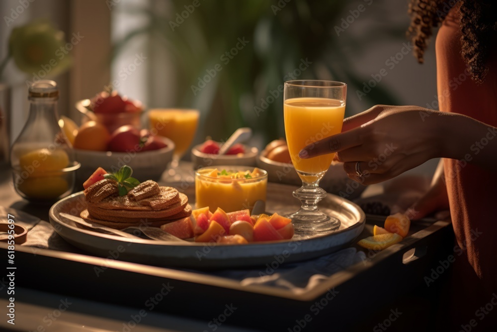 A morning routine scene with a tray of breakfast items, featuring a ...
