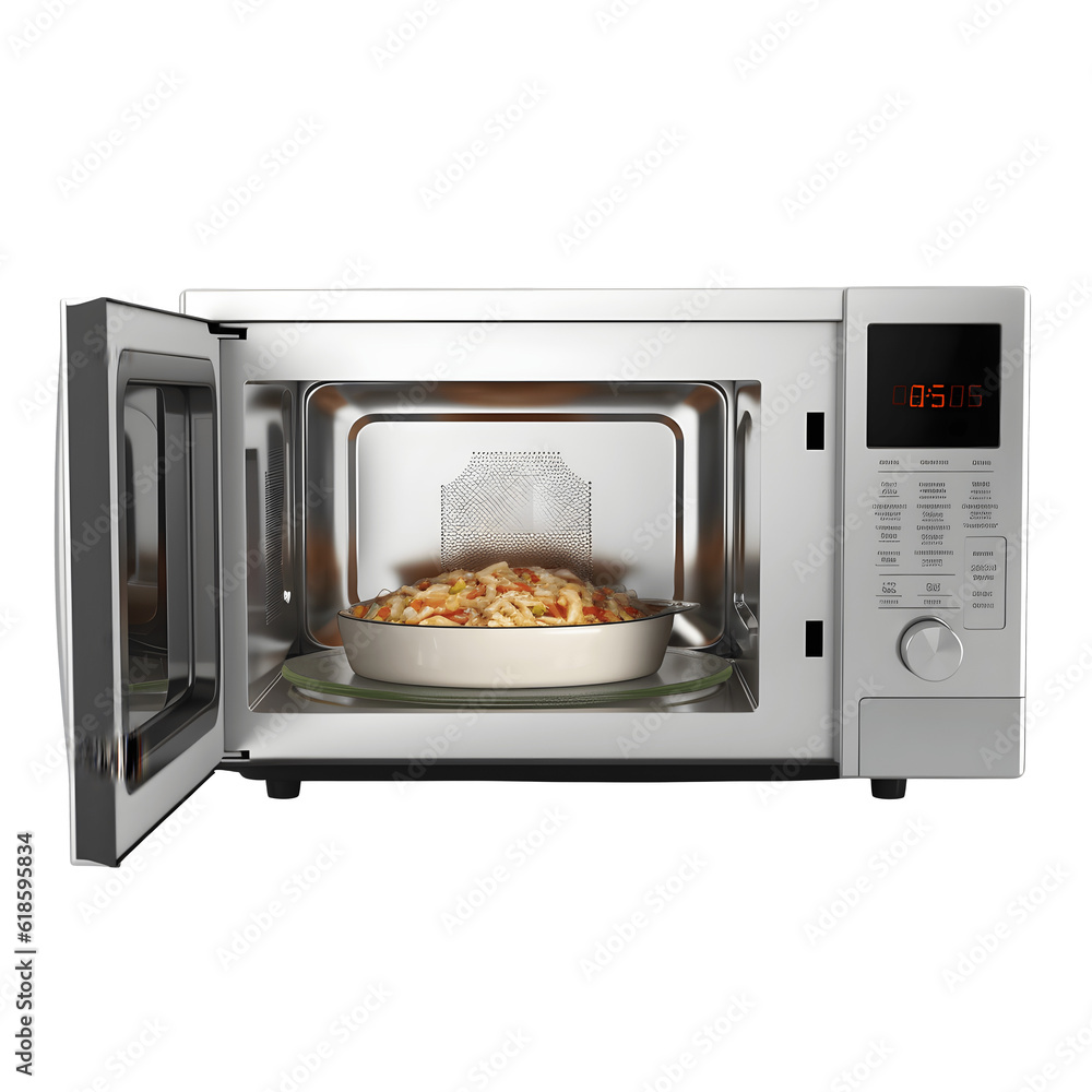 Open Shiny silver countertop microwave on transparent background with ...