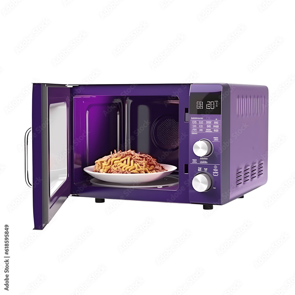 Open Shiny violet countertop microwave on transparent background with ...