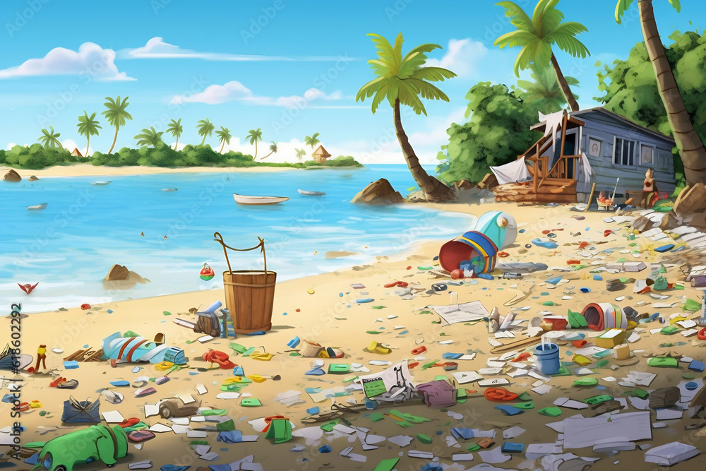 Dirty beach pollution sea view. Garbage and trash on the sand beach ...