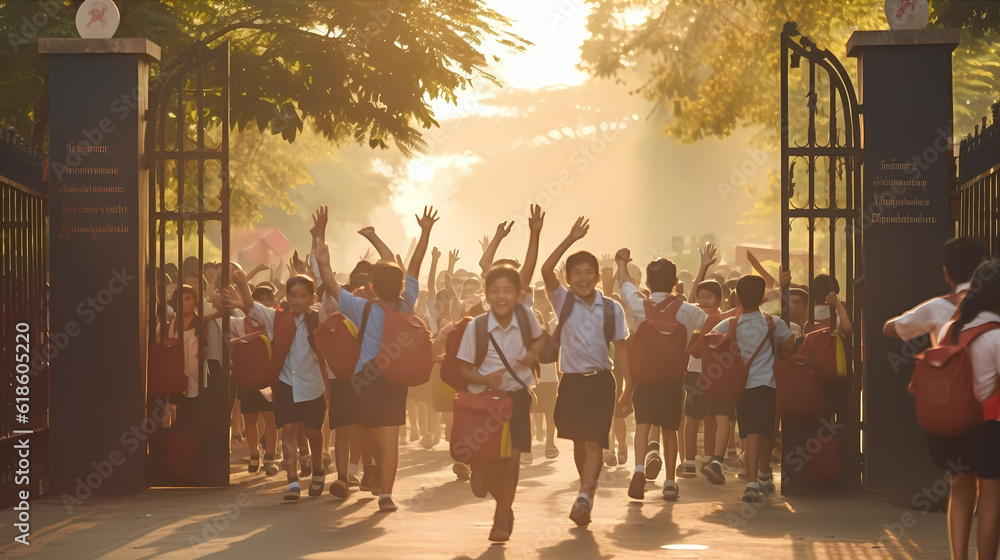 Students excitedly rushing through the school gate, carrying colorful ...
