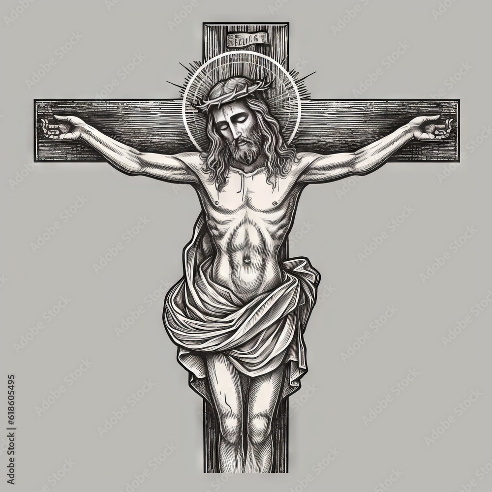 Crucifix cross with Jesus sketch hand drawn engraved style religion ...